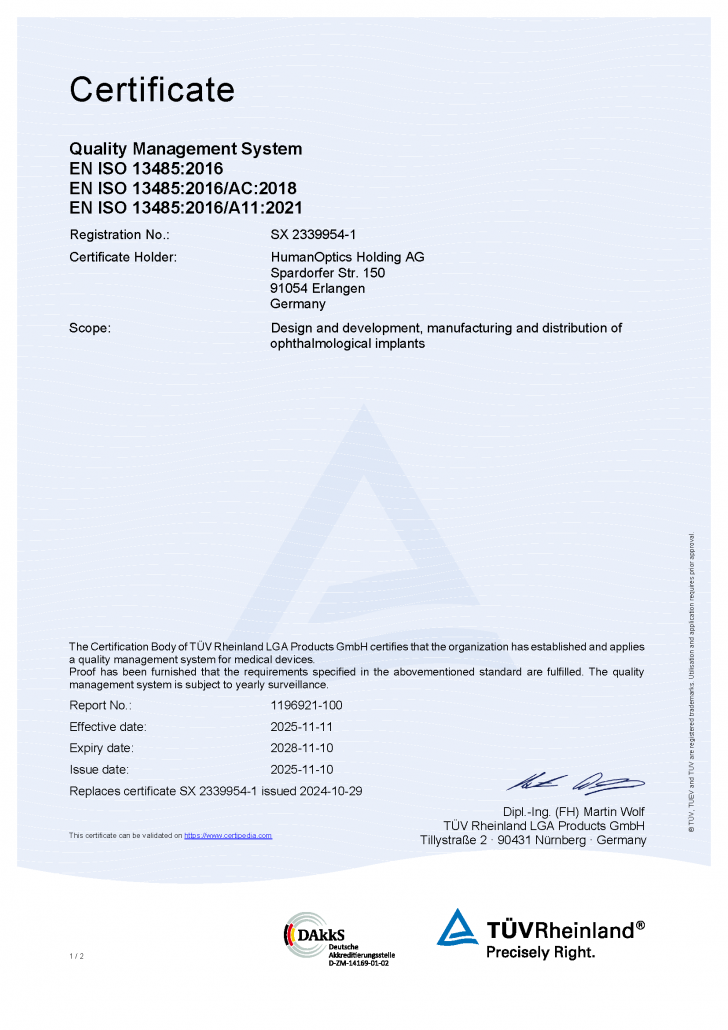 EN ISO 13485 Zertifikat | HumanOptics